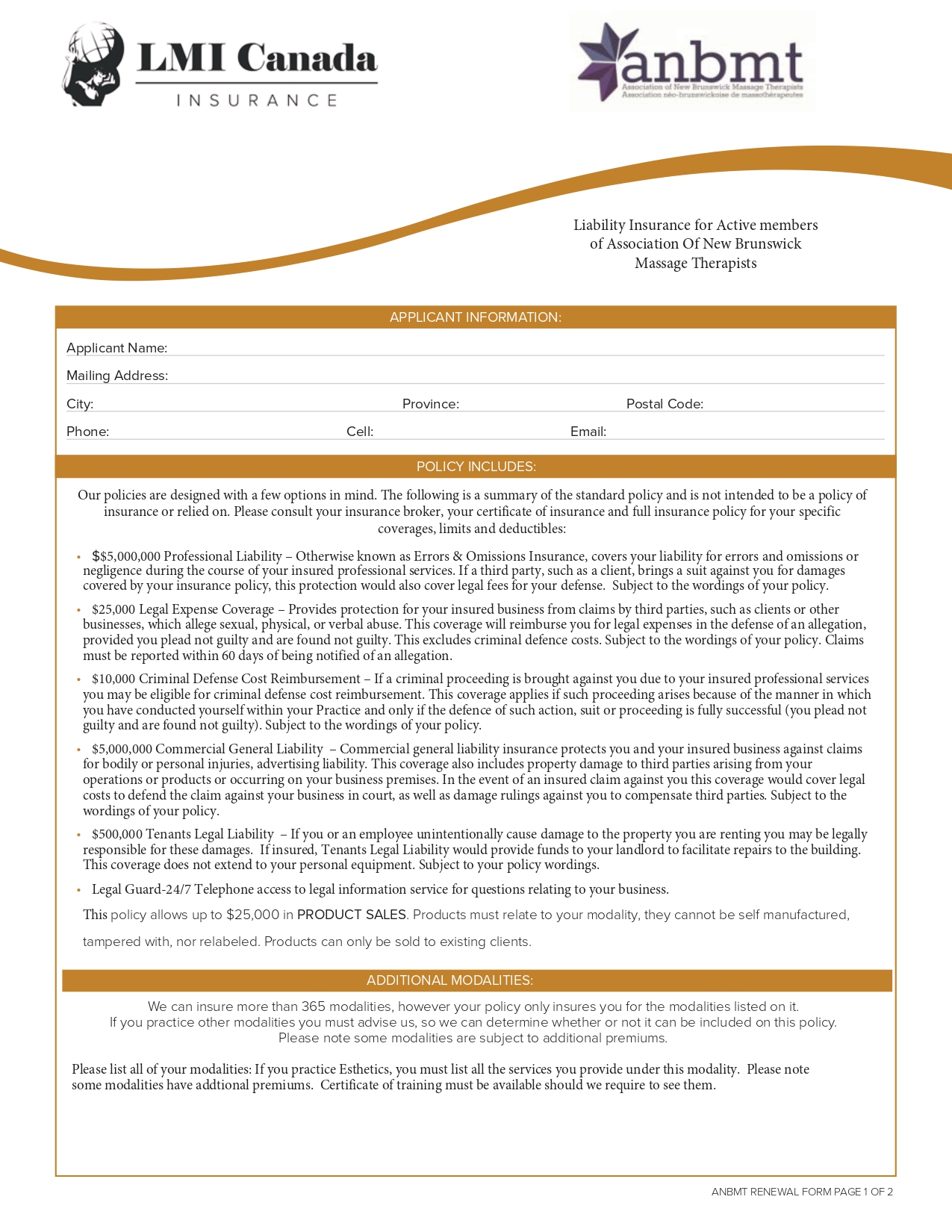 Insurance Application Form - Association of New Brunswick Massage ...